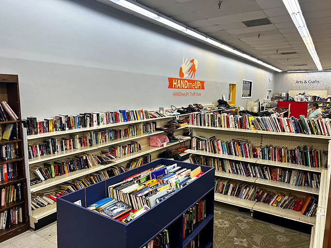 The book section: where literary treasures and forgotten bestsellers coexist in peaceful, affordable harmony. Knowledge by the pound, wisdom by the shelf.