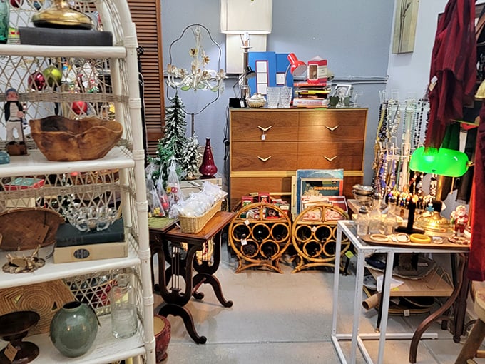 Vignettes of carefully arranged treasures create little time capsules throughout the store. That rattan wine rack has definitely seen some sophisticated parties.