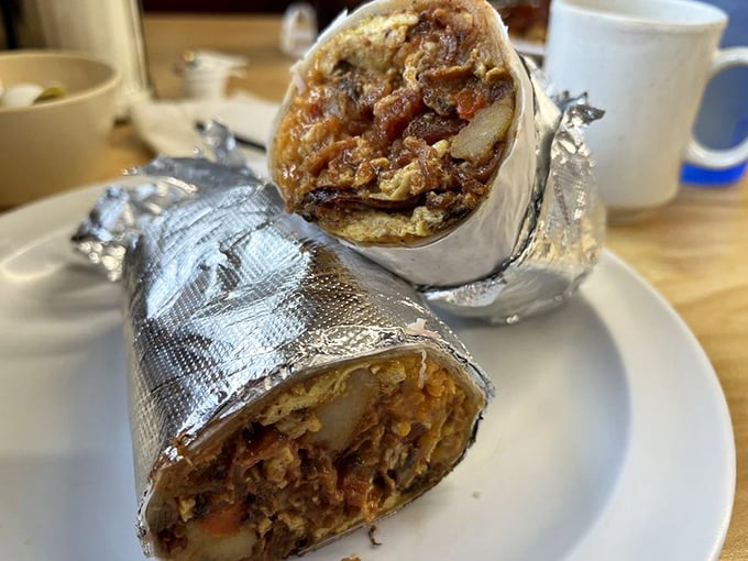 The breakfast burrito – where Southern comfort meets California convenience. Wrapped in foil, packed with flavor, destined for greatness.