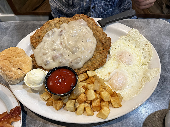 Country fried steak blanketed in gravy – this is what breakfast dreams are actually made of.