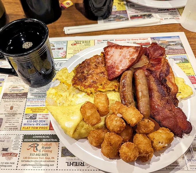 This breakfast platter isn't messing around – it's the morning equivalent of a greatest hits album where every track is a chart-topper.