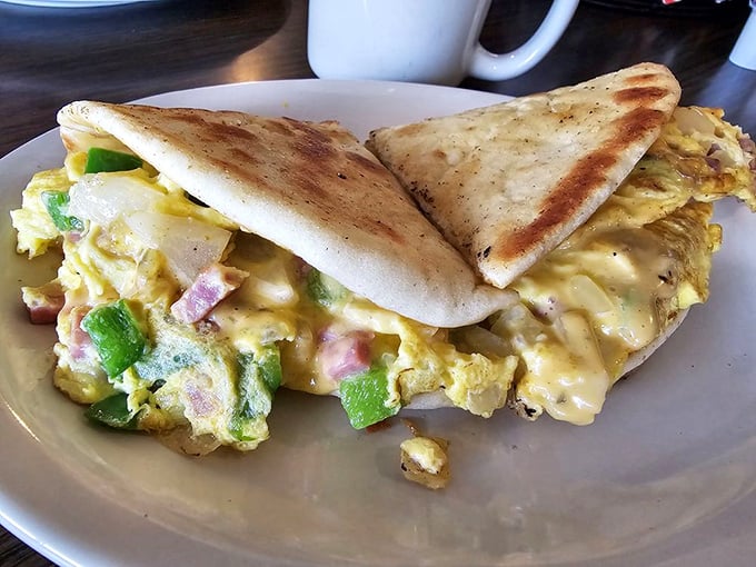 That omelet's stuffed fuller than your uncle's recliner on Thanksgiving afternoon.