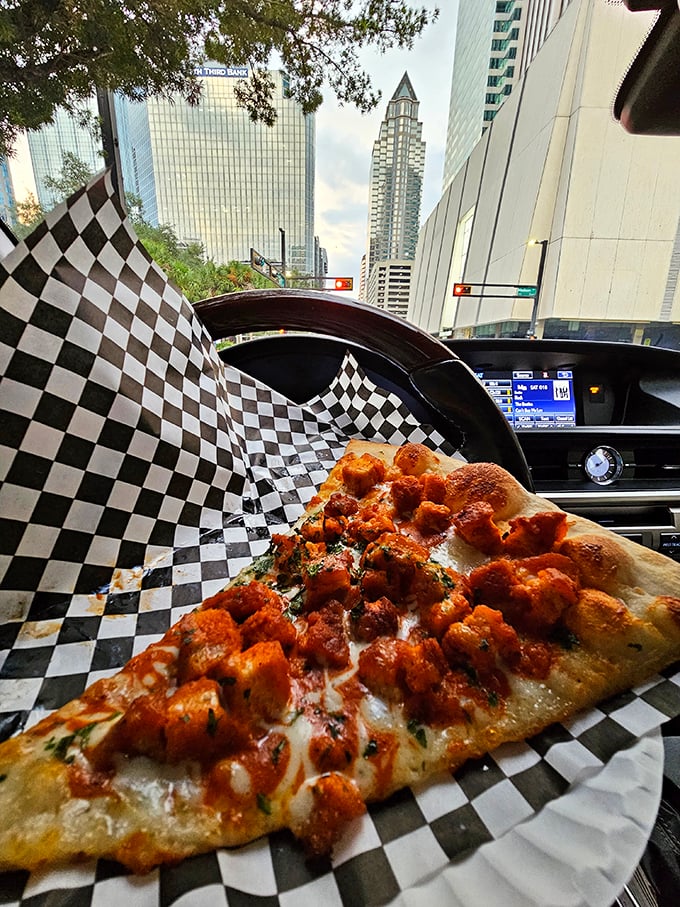 Buffalo chicken pizza enjoyed with a view of Tampa's skyline – proof that New York and Florida can create beautiful food children together.