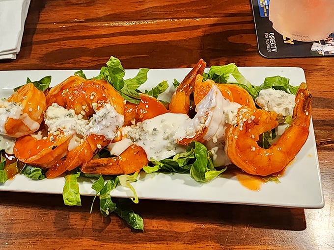 These buffalo shrimp bring the heat but keep their seafood dignity—crisp, saucy, and arranged like a spicy work of art.