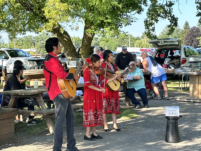 The impromptu mariachi performance transforms an ordinary shopping day into an unexpected cultural celebration that makes everyone walk a little lighter.