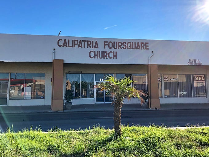 The Calipatria Foursquare Church provides spiritual sustenance in this small desert community, its modest façade belying the importance of faith in rural American life.