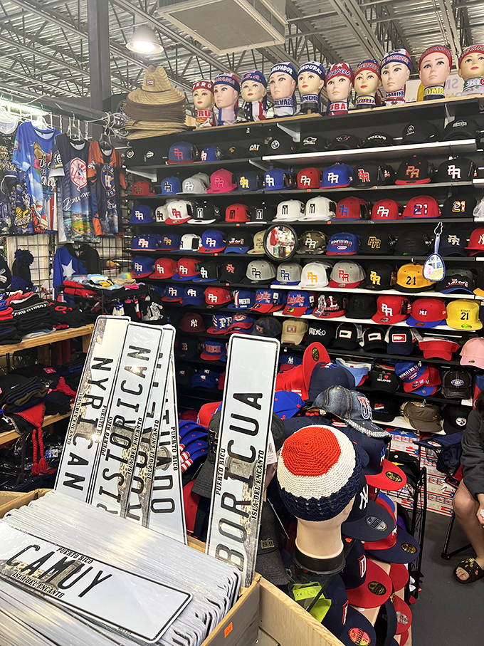 Hat collectors, rejoice! This sports cap wonderland features enough team spirit to outfit several stadiums, with mannequin heads standing at attention like tiny sports fans.