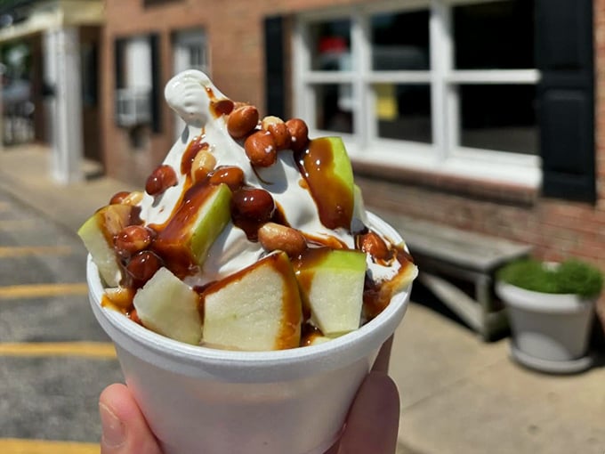 Caramel, apples, and soft serve—proof that sometimes the best relationships are complicated, sweet, and a little messy.
