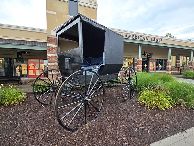 An Amish buggy display—a charming reminder that you're shopping in a state where some locals still power their transportation with actual horsepower.