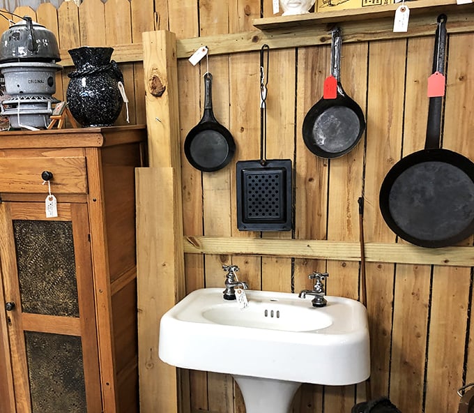 Cast iron cookware and vintage bathroom fixtures—domestic artifacts from when "built-in obsolescence" wasn't a business strategy.