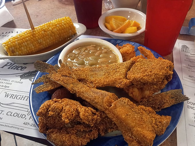 Cornmeal-crusted catfish, crisp corn on the cob, and savory beans—a blue-plate special that would make your Southern grandmother nod in silent approval.