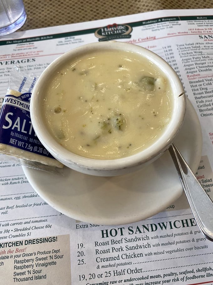 Cheddar broccoli soup thick enough to stand a spoon in, just like nature intended.
