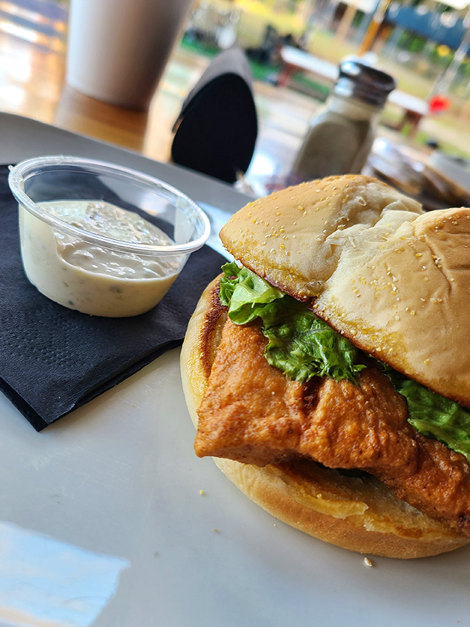 A sandwich so honest and straightforward it could run for public office—crispy fish, fresh lettuce, and zero pretension.