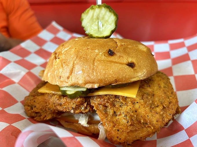The perfect chicken sandwich doesn't exi— wait, there it is! Crispy chicken, melty cheese, and that pickle crown jewel bringing it all together.
