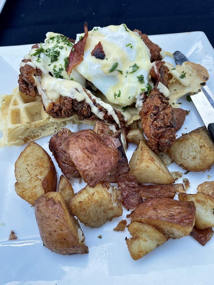 Chicken and waffles: the breakfast equivalent of a mullet—business on the bottom, party on top. Pure comfort on a plate.