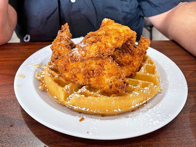 Chicken and waffles: the breakfast-lunch hybrid that proves some of the best relationships are unexpected ones. That golden-fried chicken could make a vegetarian weep.