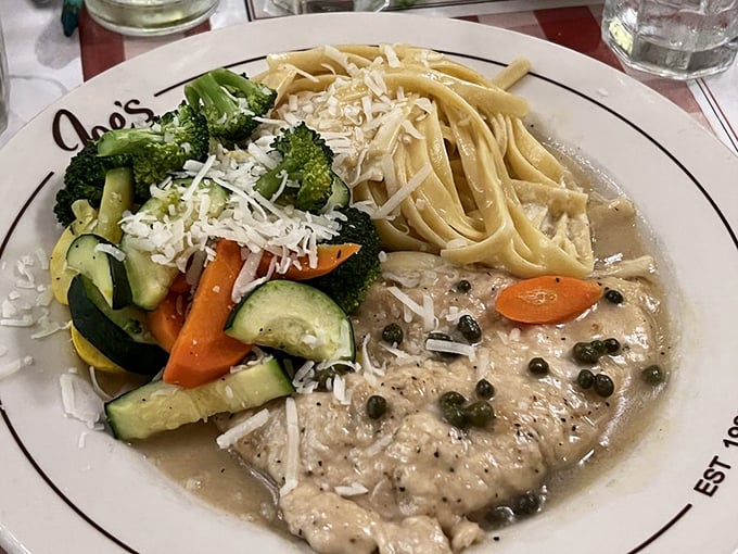 Garden-fresh vegetables and tender chicken piccata – proof that Joe's isn't just about breakfast. The pasta looks like it's auditioning for an Italian film.