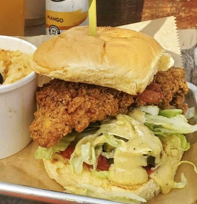 This chicken sandwich means business – crispy, juicy, and dressed to impress your taste buds into submission.