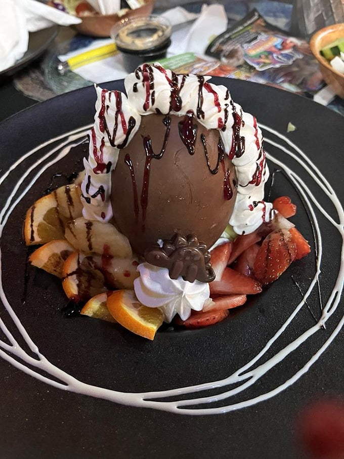 This chocolate egg dessert isn't just Instagram-worthy – it's the kind of sweet finale that makes you forget you're surrounded by prehistoric predators.
