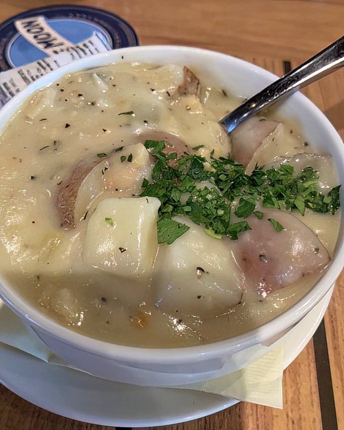Clam chowder so hearty you could stand a spoon in it. Chunks of potato and clam in creamy broth—winter in a bowl.