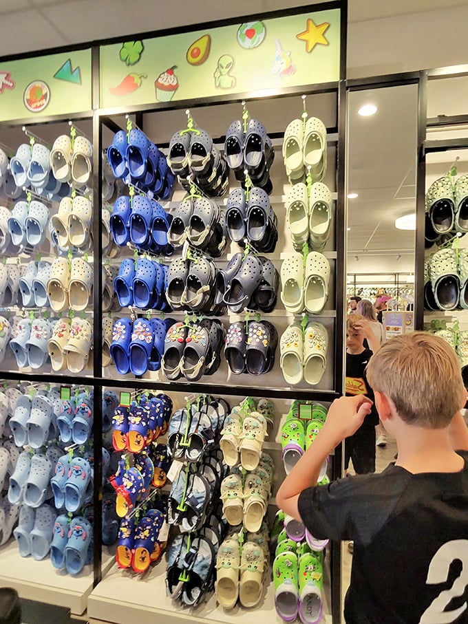 The colorful Crocs display is like a candy store for feet – irresistible, slightly quirky, and guaranteed to make at least one family member say, "You bought those?"