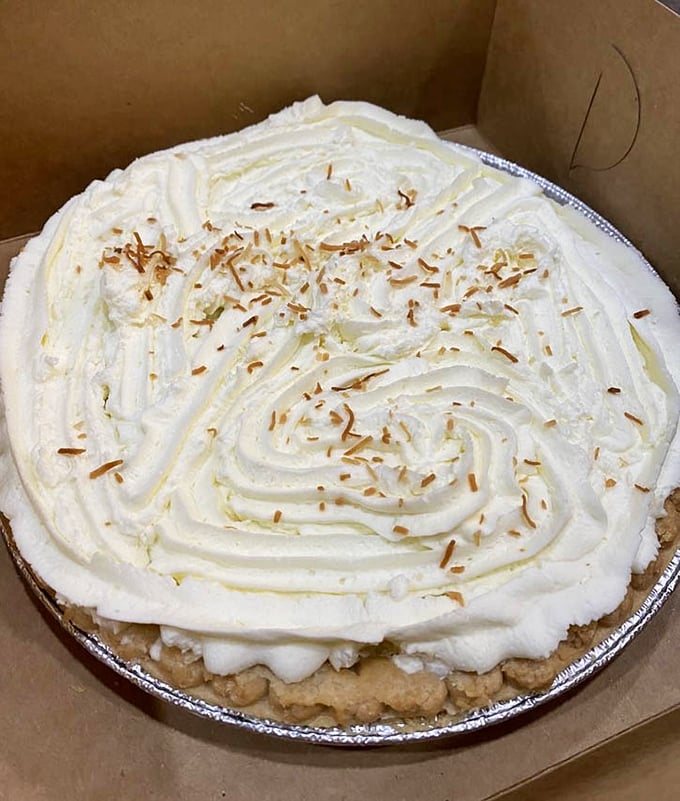 Coconut cream pie with a cloud of whipped topping that defies gravity. Marie Antoinette had it wrong—let them eat THIS.