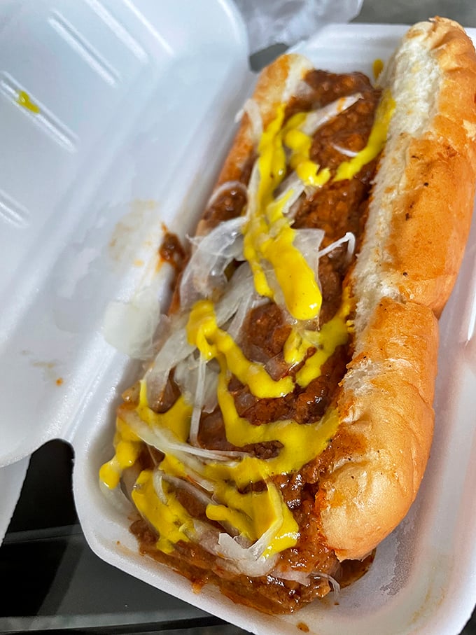 This Coney dog isn't trying to impress food critics—it's busy satisfying cravings with its perfect balance of snap, chili, and mustard.