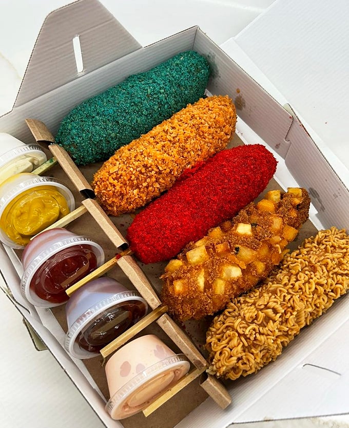 A box of Korean rice dogs in technicolor glory—from ramen-crusted to potato-studded—with dipping sauces standing by for duty.