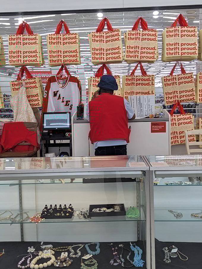 Thrift Proud isn't just a slogan—it's a lifestyle statement. These reusable bags carry both purchases and environmental virtue.
