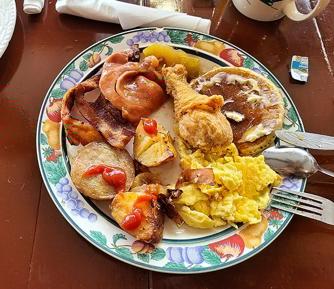 The breakfast plate that launched a thousand food dreams—country ham, eggs, and all the fixings arranged like a Southern still life.