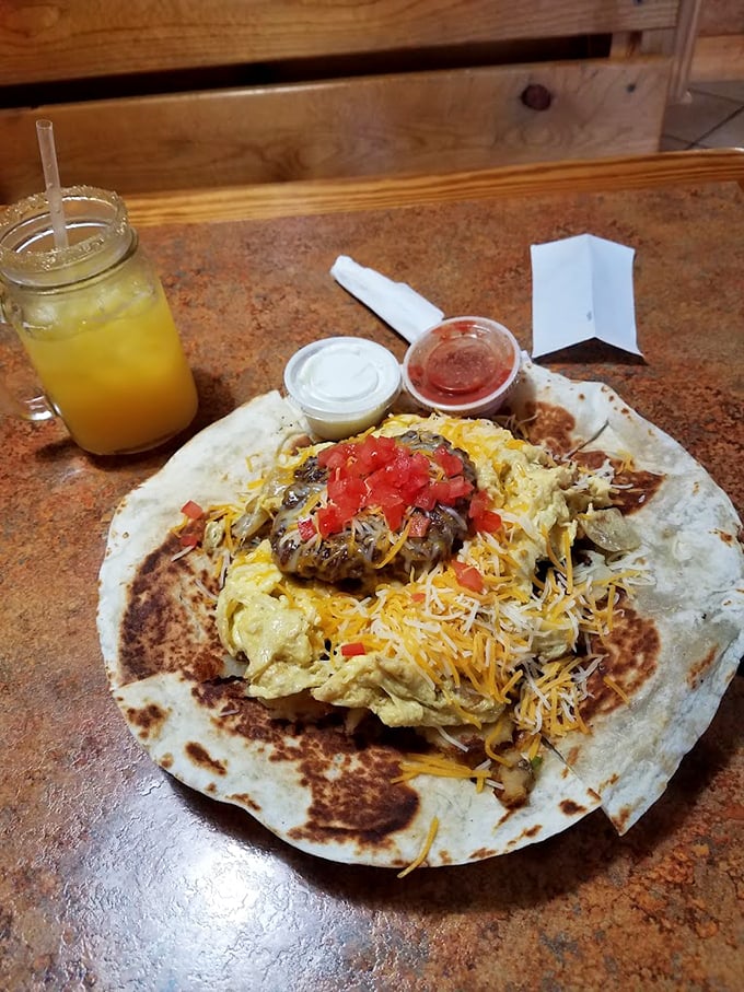 The Cowboy Breakfast Burrito—where scrambled eggs, cheese, and a flour tortilla become something worth crossing county lines for.