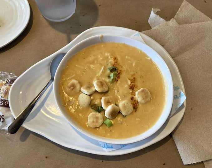 This crab bisque looks rich enough to retire on – creamy comfort in a bowl.
