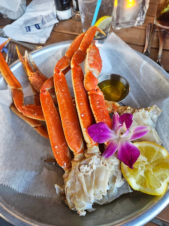 Crab legs stacked like delicious Lincoln Logs – the only construction project worth getting messy for.