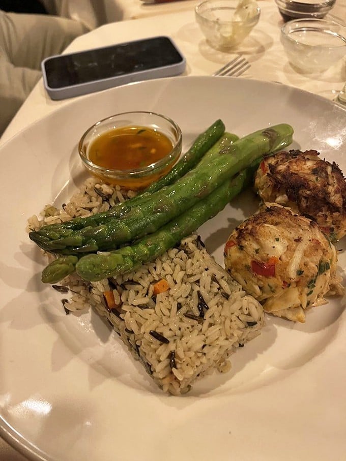 Not just crab cakes, but an architectural triumph of seafood engineering, where every bite delivers that perfect rice-to-crab ratio.