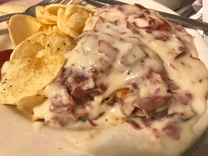 Cream chipped beef with home fries—what your grandparents called "S.O.S." and what comfort food dreams are still made of.