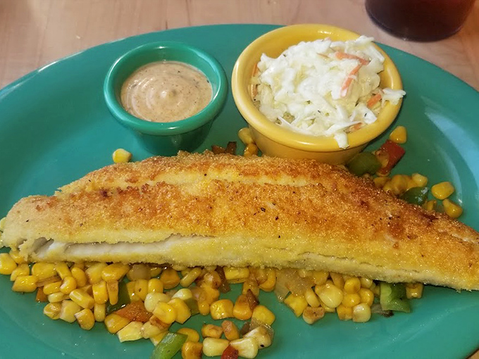 This cornmeal-crusted delight rests on a bed of roasted corn, proving that lunch at a breakfast joint is never an afterthought.