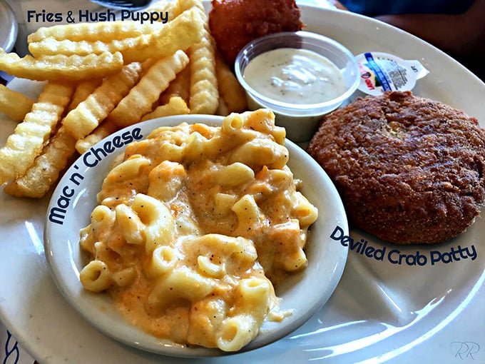 Mac and cheese, crinkle fries, and a deviled crab patty—comfort food that makes you want to hug the chef and steal their recipes.