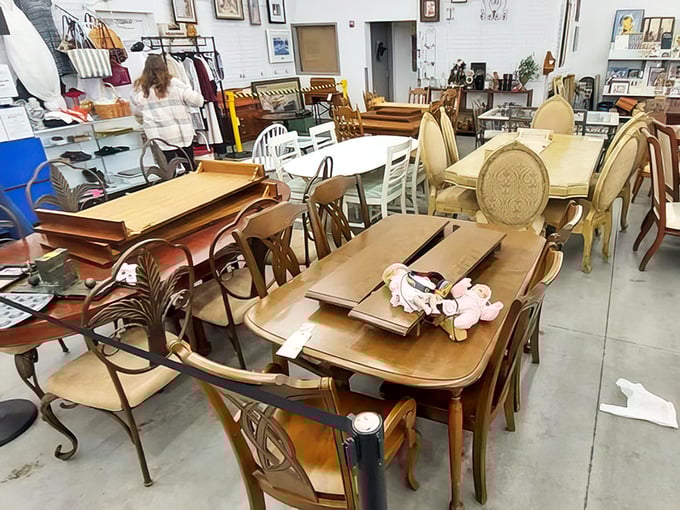 Dining tables that have hosted countless family meals now await new dinner conversations. That wooden set has "Sunday pot roast" written all over it.
