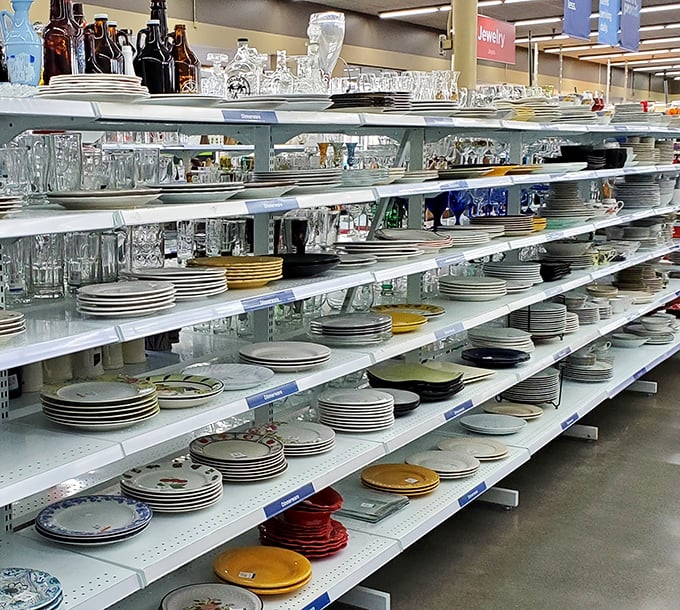 Plates, glasses, and serving pieces that have witnessed countless family dinners now await their next chapter of mealtime memories.