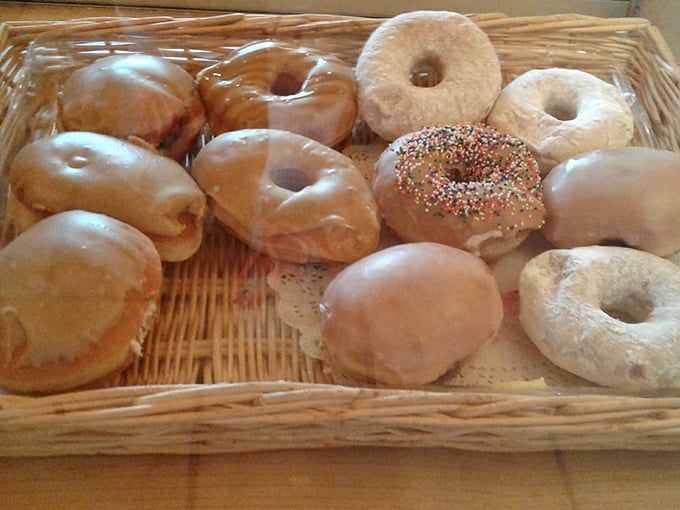 A basket of donuts that would make Homer Simpson weep with joy. Glazed, sprinkled, and ready for their close-up.