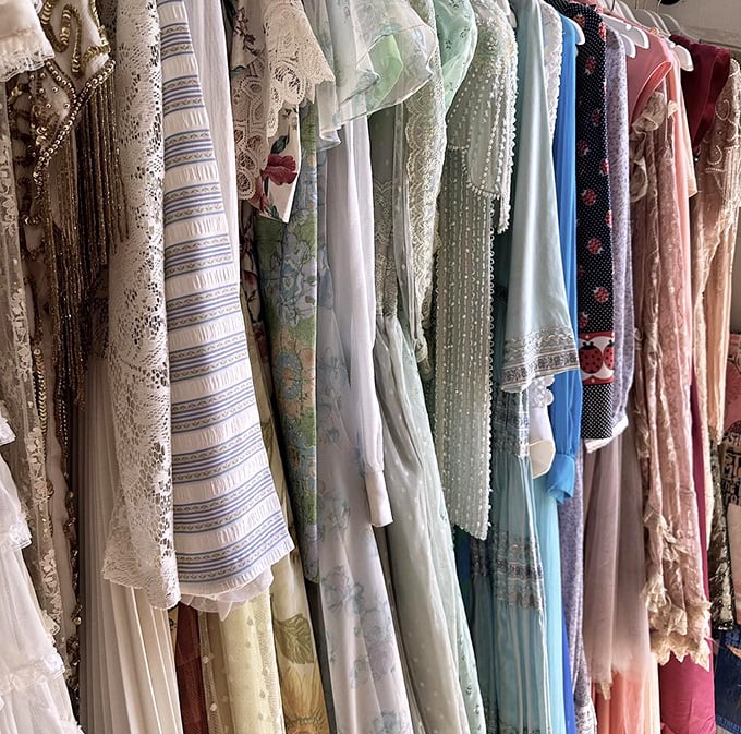 Delicate vintage dresses and blouses hang like ghosts of fashion past, ready for their second act in your wardrobe.