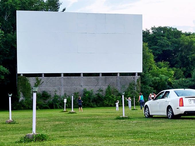 The view from the back seat – cinema's ultimate comfort zone. Blankets, pillows, and the distant glow of the screen create movie magic on wheels.