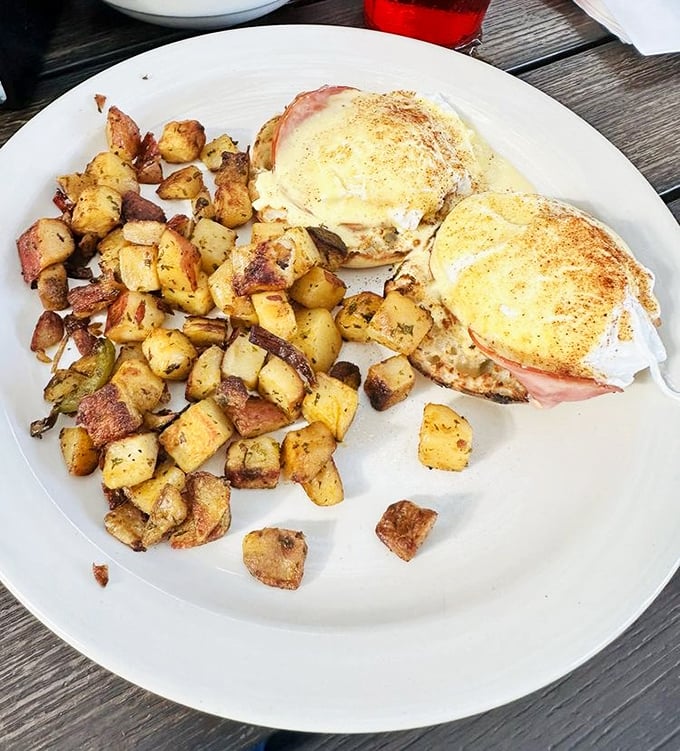 Eggs Benedict with home fries that could make a potato farmer weep with joy – this is the breakfast worth setting your alarm for.