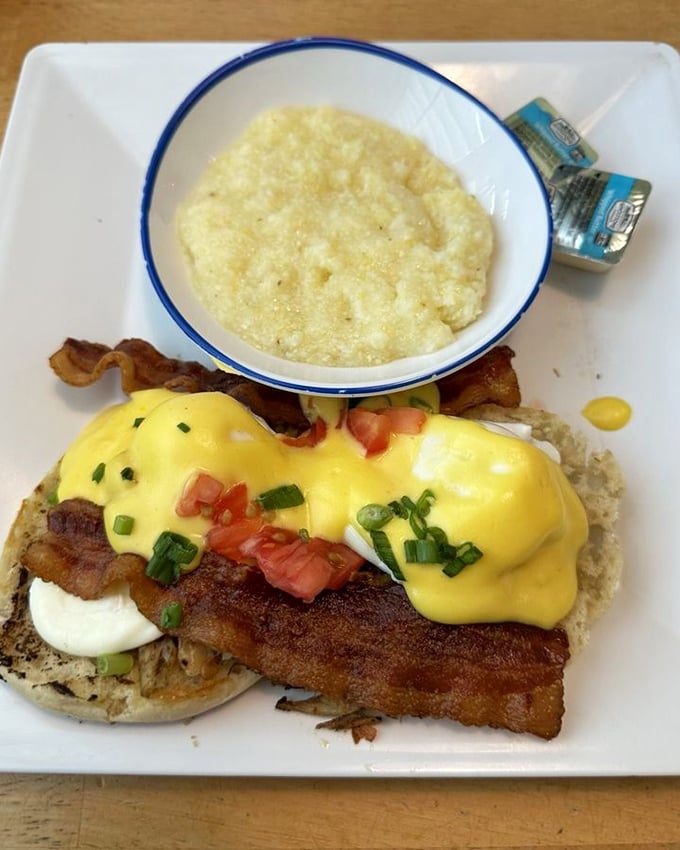 Eggs Benedict with a coastal twist that would make Neptune himself skip his morning ambrosia. The hollandaise-to-crab ratio is mathematical perfection.