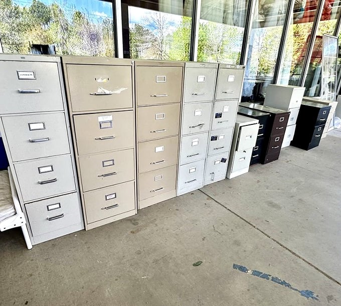 Filing cabinet lineup – where office organization meets vintage charm. Working from home just got a retro upgrade.