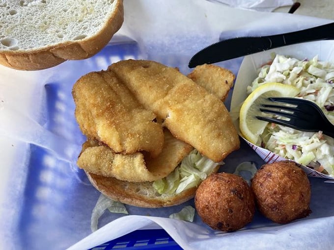 Fish sandwich perfection – where the bun is merely a delivery system for what matters: that perfectly golden-fried fillet.