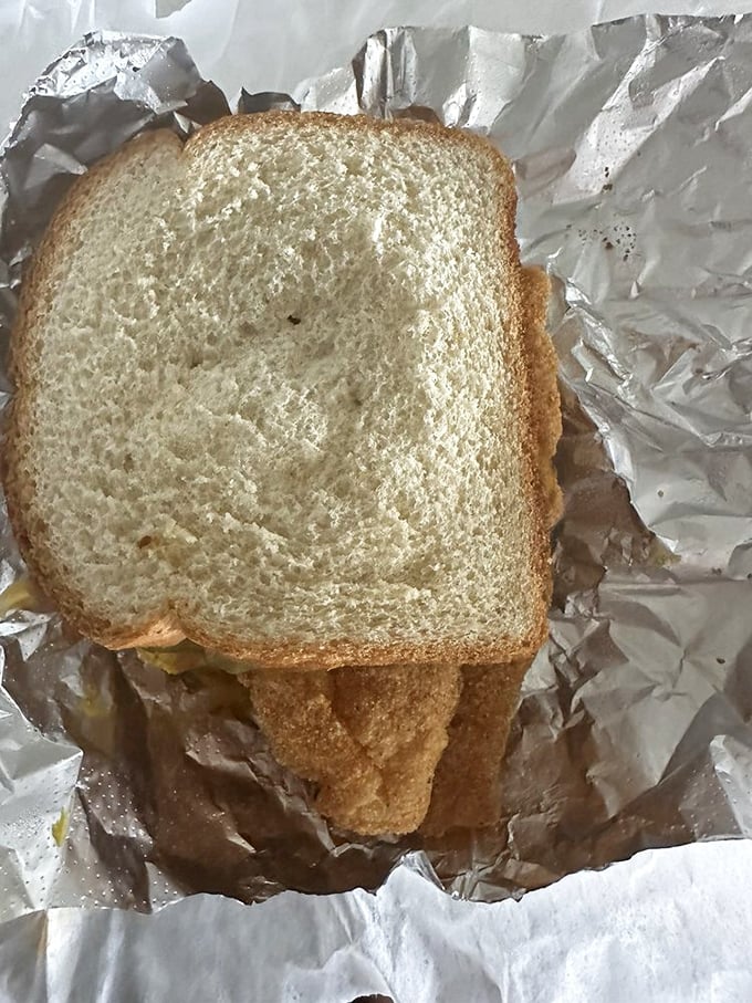 The sandwich opened up reveals its secrets—perfectly fried fish that extends well beyond the bread's borders. This is value you can see.