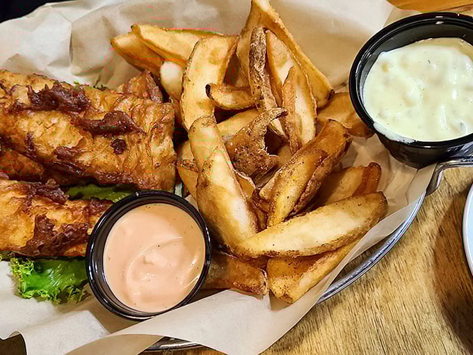 Fish and chips that would make a Londoner homesick, with hand-cut fries and that special sauce that demands double-dipping despite what your mother taught you.