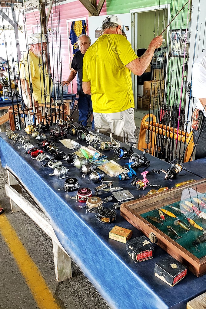 The fishing section—where anglers debate lures with the passion of wine connoisseurs discussing vintages. "This one caught a monster in '87!"