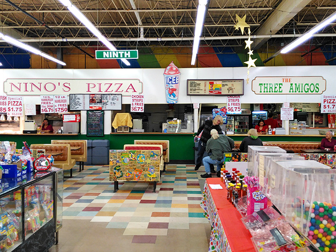 Nino's Pizza and Three Amigos offer sustenance for serious shoppers. Because bargain hunting burns calories, and these booths understand the importance of refueling.